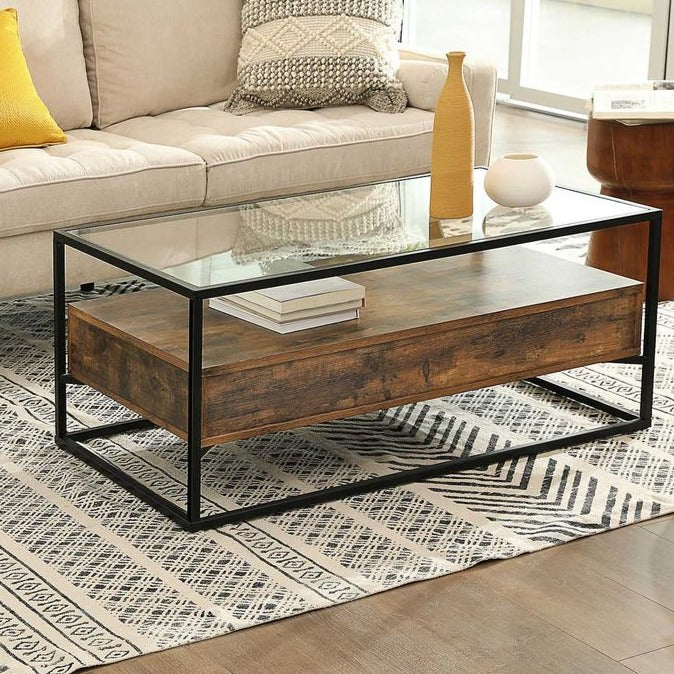 Table Basse Verre et Bois Rectangulaire | Mon Mobilier Indus